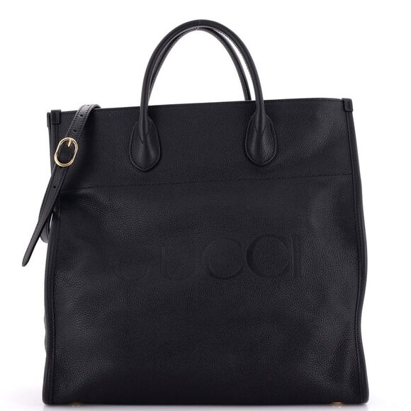 Gucci | Bags | Gucci Logo Tote Embossed Leather Medium Black | Poshmark